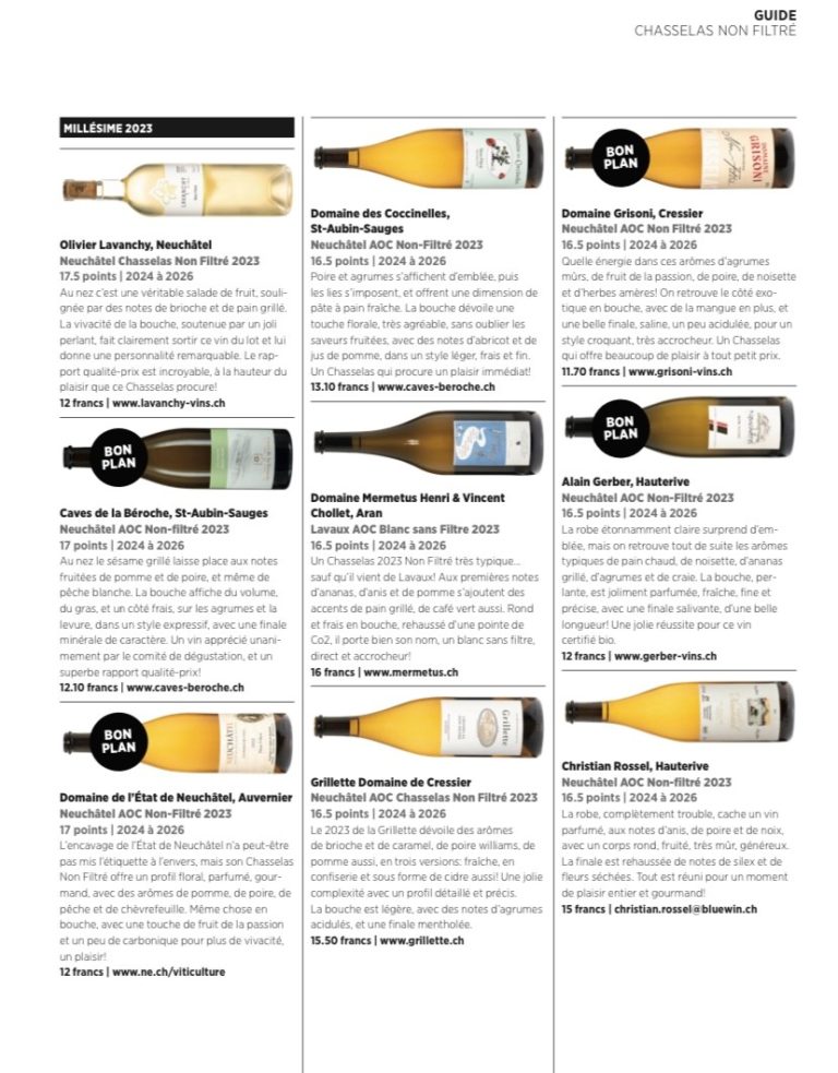 Non Filtré 2023 - Top10 du Guide Vinum - Grillette Domaine De Cressier
